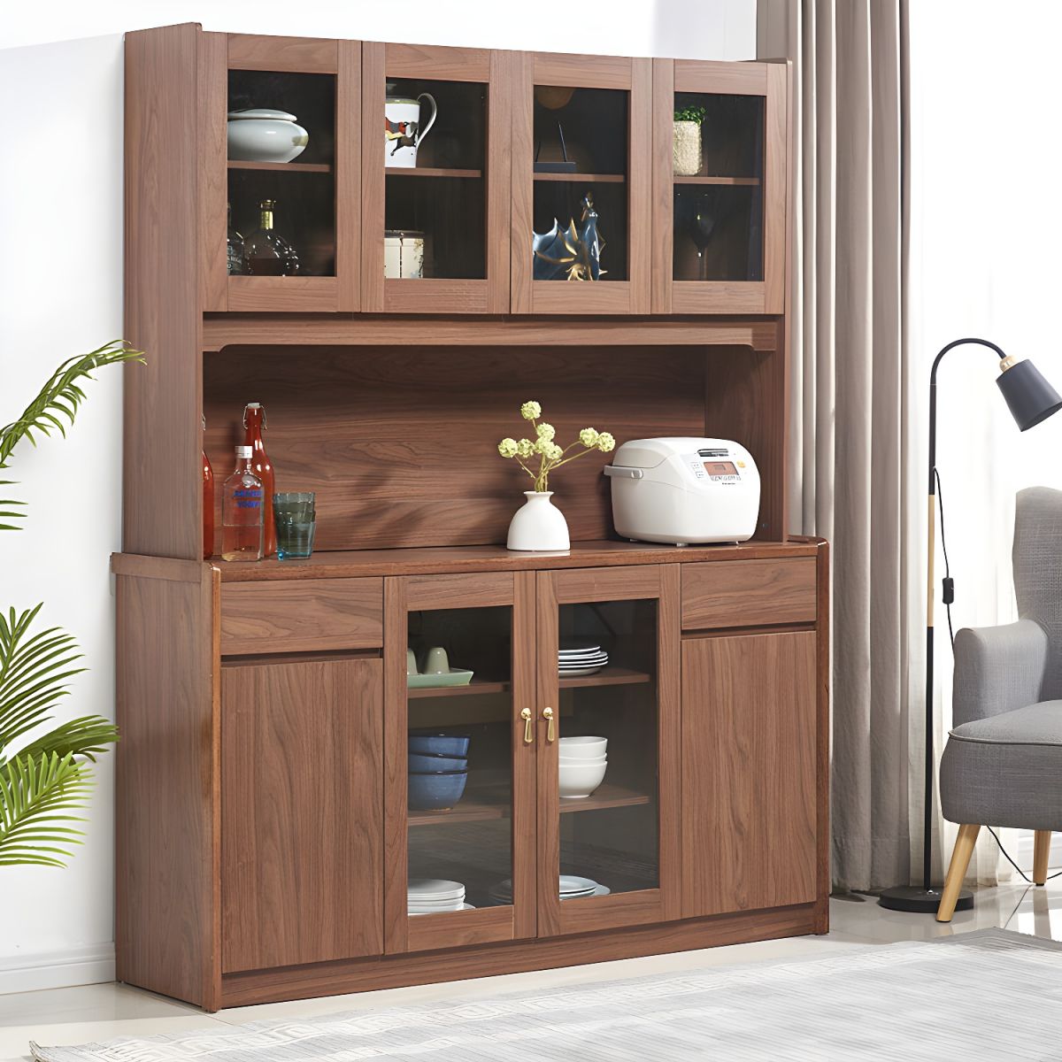 Contemporary Dining Hutch Wood Glass Doors Storage Cabinet for Dining ...