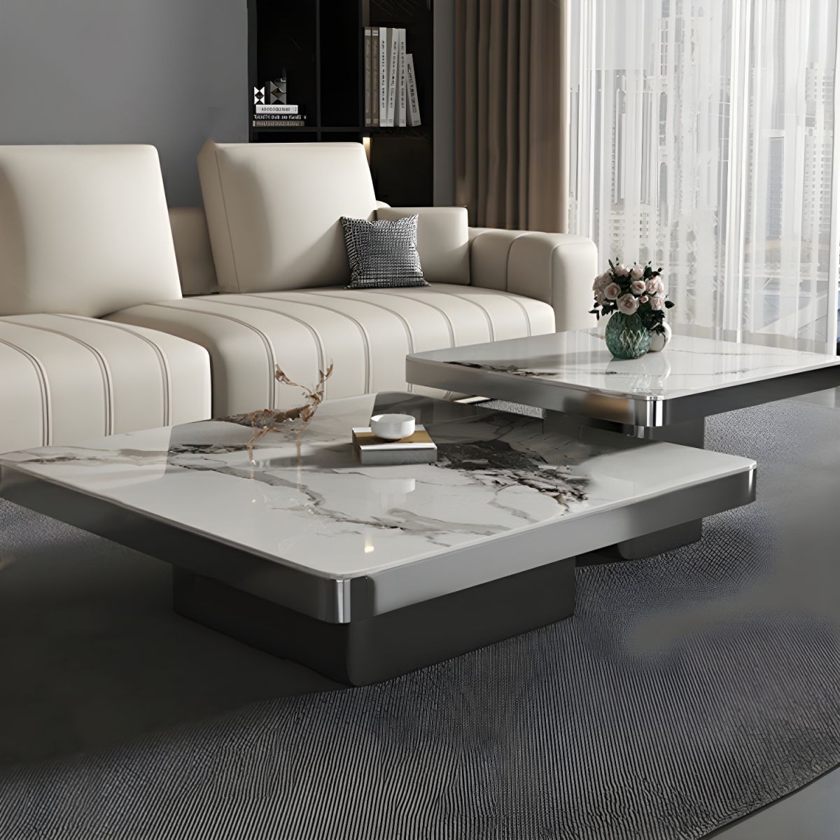 Modern White Stone Square Coffee Table with Metal Pedestal Base Coffee ...
